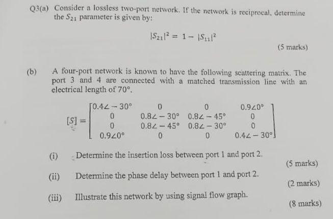 Solved Q3(8) Consider a lossless two-port network. If the | Chegg.com