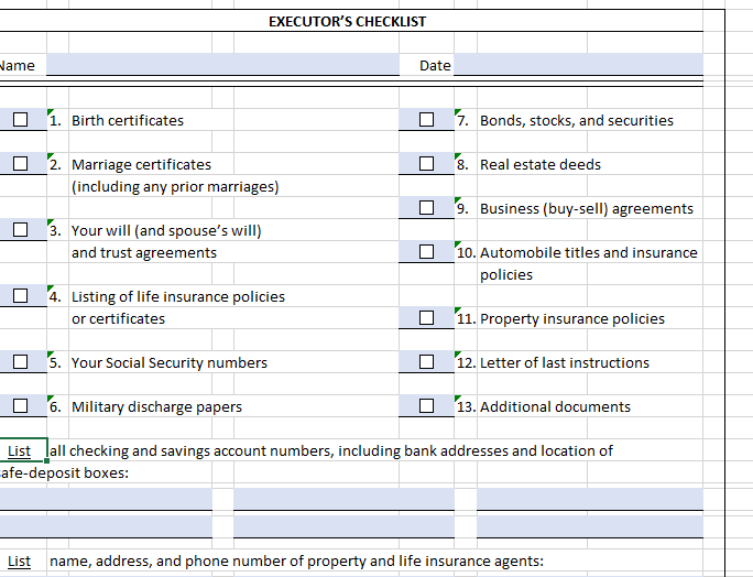 Solved EXECUTOR'S CHECKLIST Date 1. Birth certificates 7. | Chegg.com