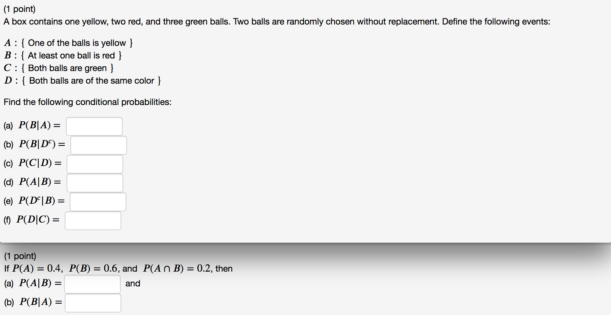 Solved (1 point) A box contains one yellow, two red, and | Chegg.com
