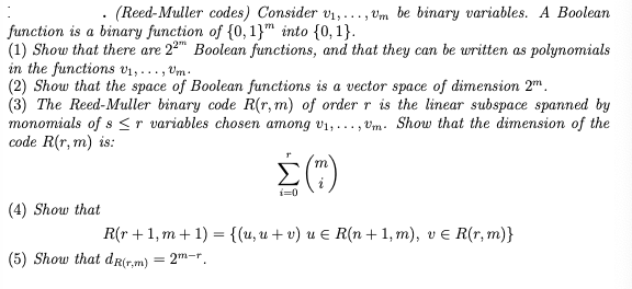 Solved (Reed-Muller codes) Consider 01, ..., Um be binary | Chegg.com