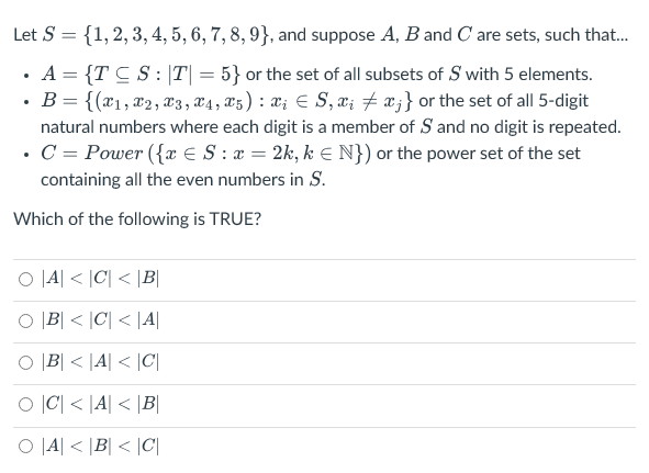 Solved Let S={1,2,3,4,5,6,7,8,9}, and suppose A,B and C are | Chegg.com