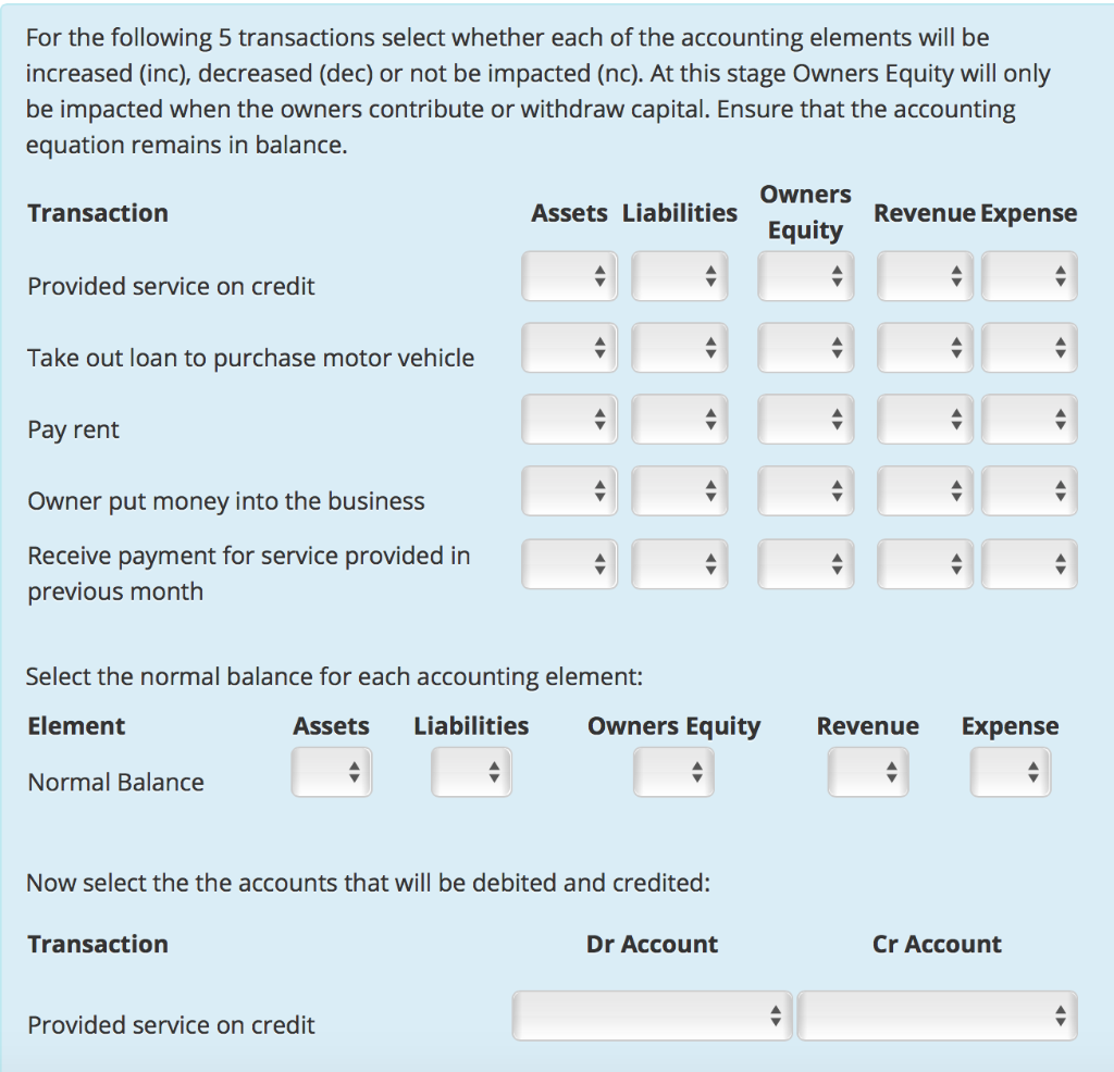 Solved For the following 5 transactions select whether each | Chegg.com