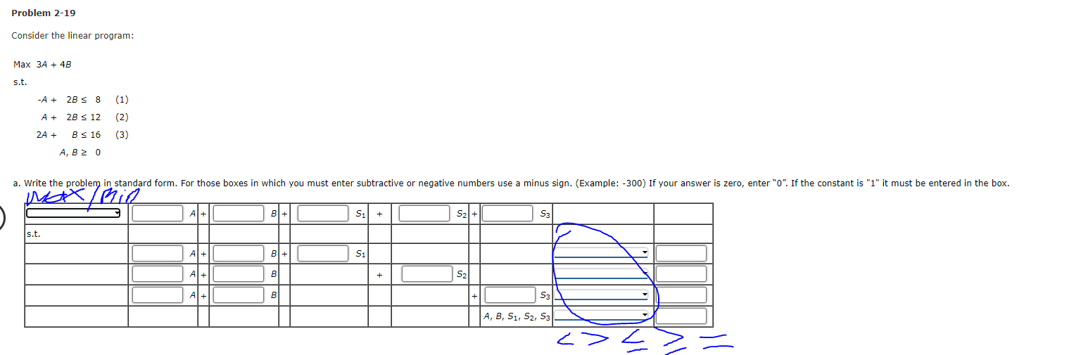 Solved Problem 2-19 Consider the linear program: Max 3A + 4B | Chegg.com
