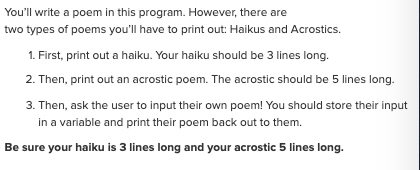 Solved You'll write a poem in this program. However, there | Chegg.com