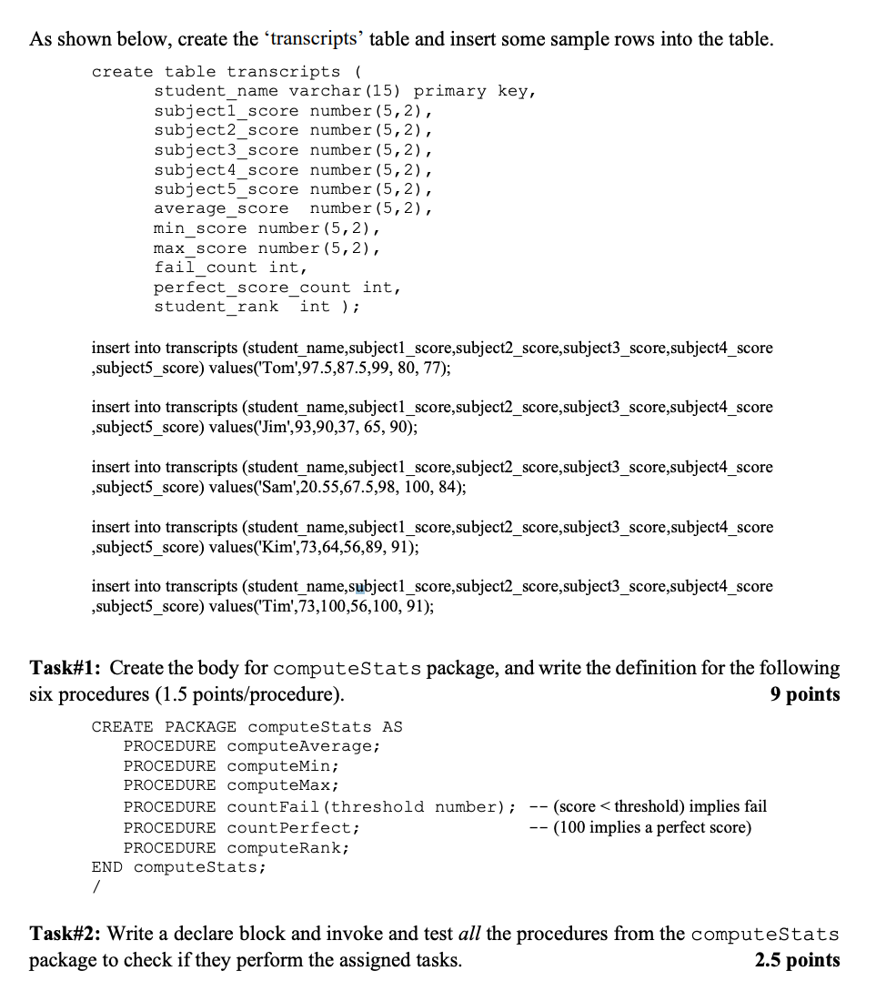 Solved As shown below, create the transcripts' table and | Chegg.com