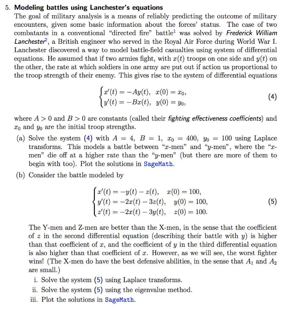 5. Modeling battles using Lanchester's equations The | Chegg.com