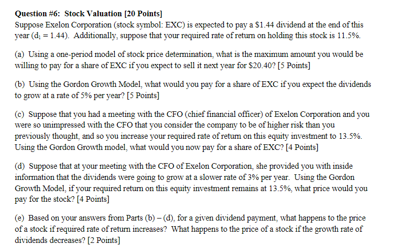 Solved Question #6: Stock Valuation [20 ﻿Points]Suppose | Chegg.com