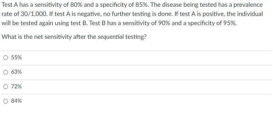 Solved Test A has a sensitivity of 80% and a specificity of | Chegg.com