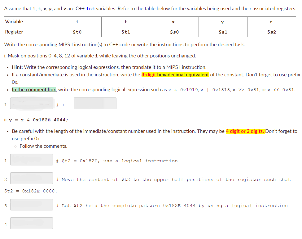 Solved Write the corresponding MIPS I instruction(s) to C++ | Chegg.com