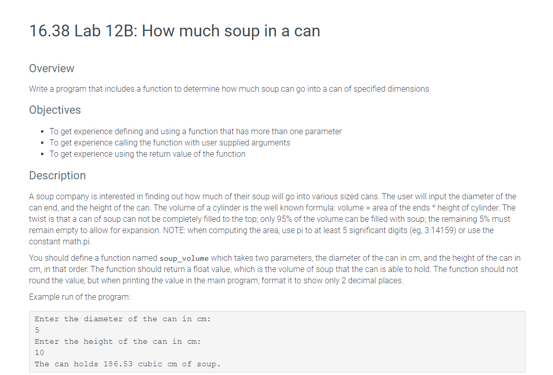 Solved 16.38 Lab 12B: How much soup in a can Overview Write | Chegg.com