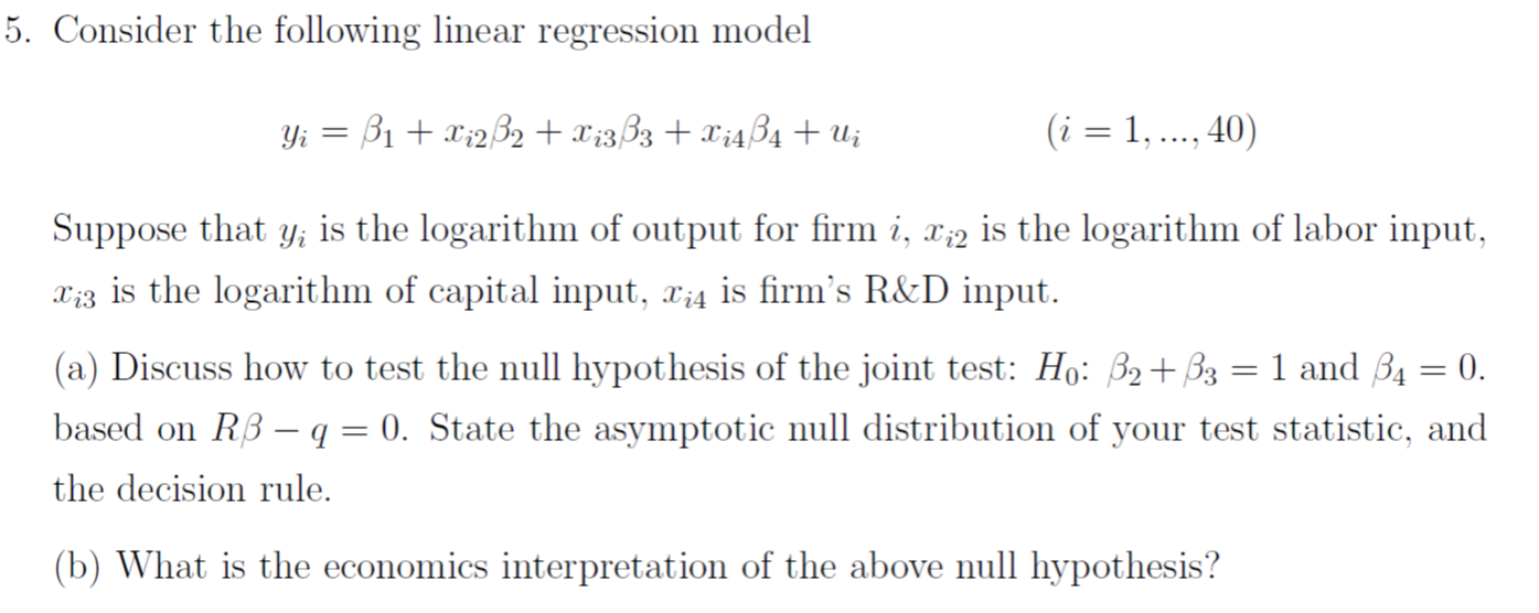 Solved 5. Consider the following linear regression model Yi | Chegg.com
