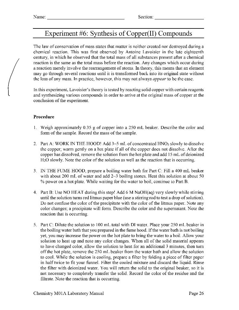 Solved Name: Section: Experiment #6: Synthesis of Copper(II) | Chegg.com