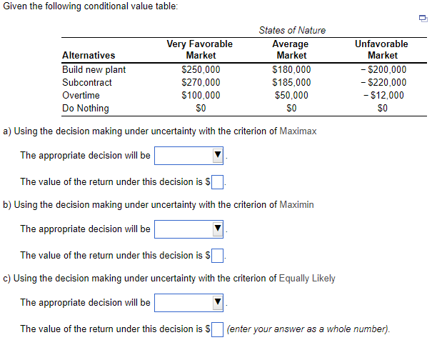Solved Given the following conditional value table: a) Using | Chegg.com