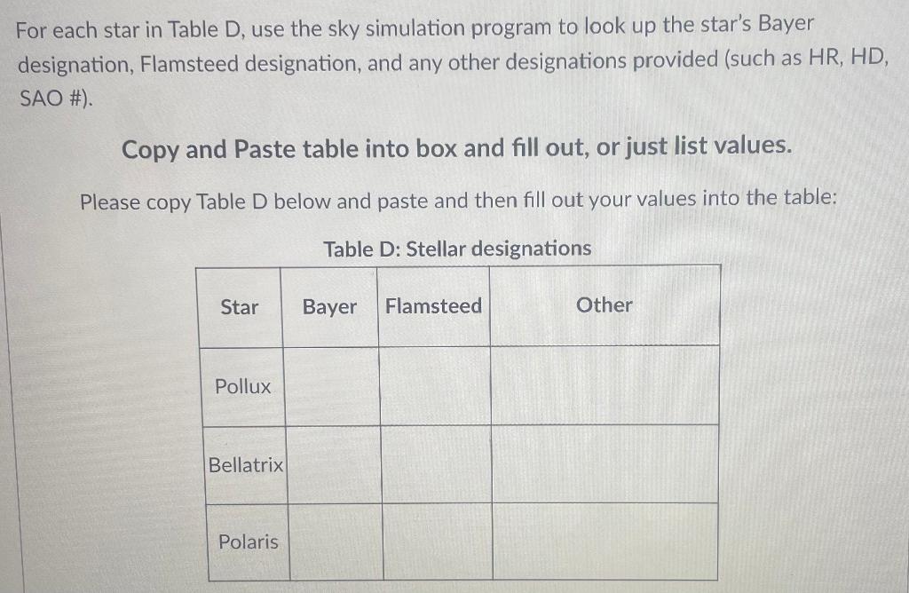 Solved For each star in Table D, use the sky simulation | Chegg.com