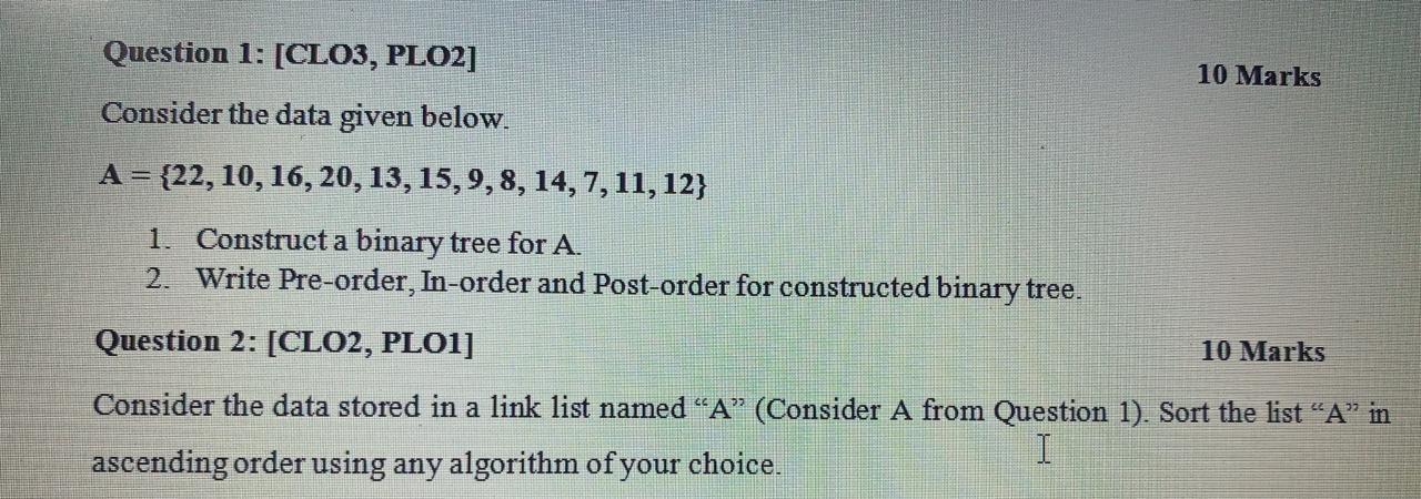 Solved Question 1: [CLO3, PLO2] 10 Marks Consider the data | Chegg.com
