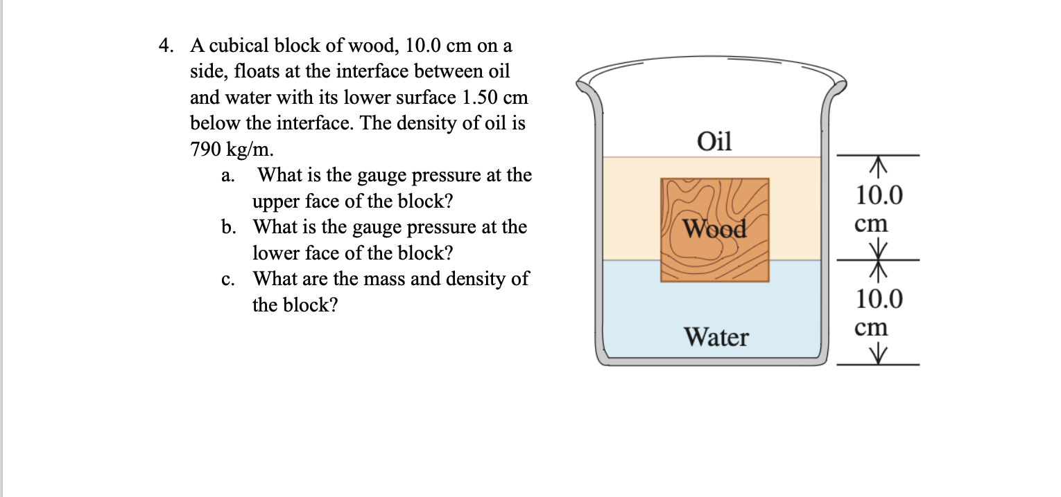 Solved 4. A cubical block of wood, 10.0 cm on a side, floats | Chegg.com