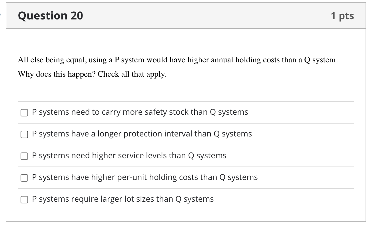 Solved Question 20 1 pts All else being equal, using a P | Chegg.com