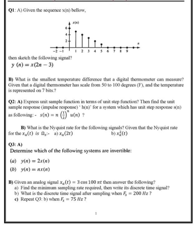 Solved Q1: A) Given the sequence x(n) bellow, 2+ 1 2 3 4 5 6 | Chegg.com