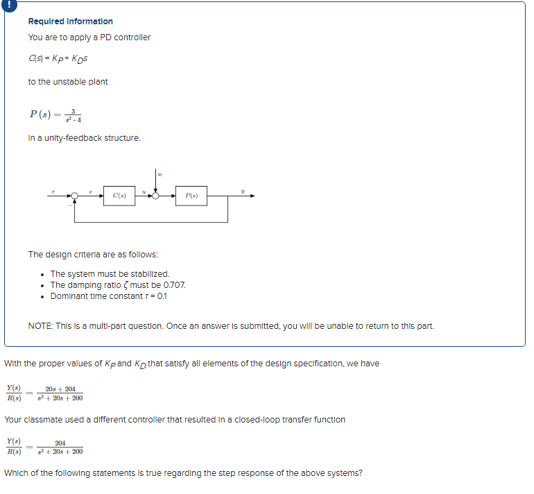 Solved Required Information You are to apply a PD controller | Chegg.com