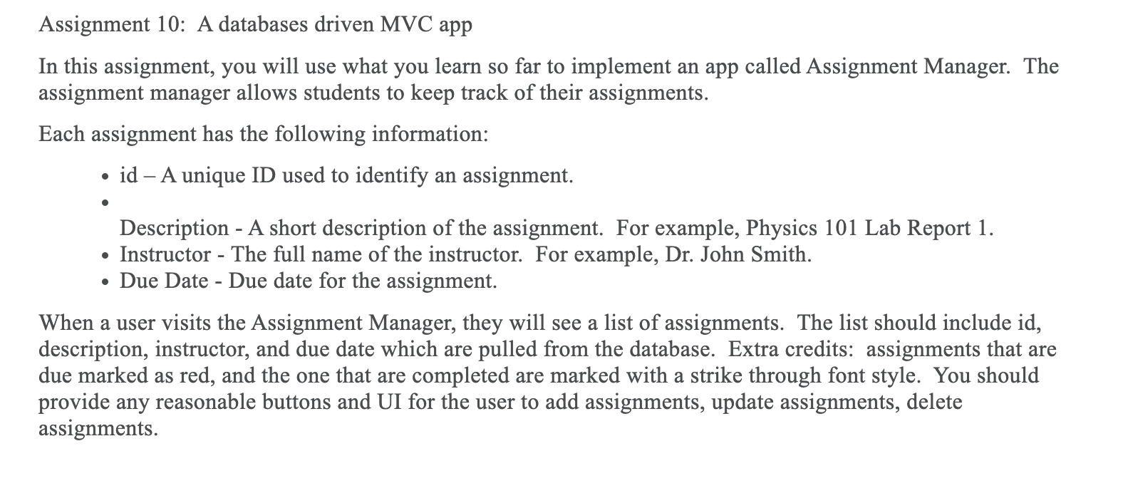 Assignment 10: A databases driven MVC app In this | Chegg.com