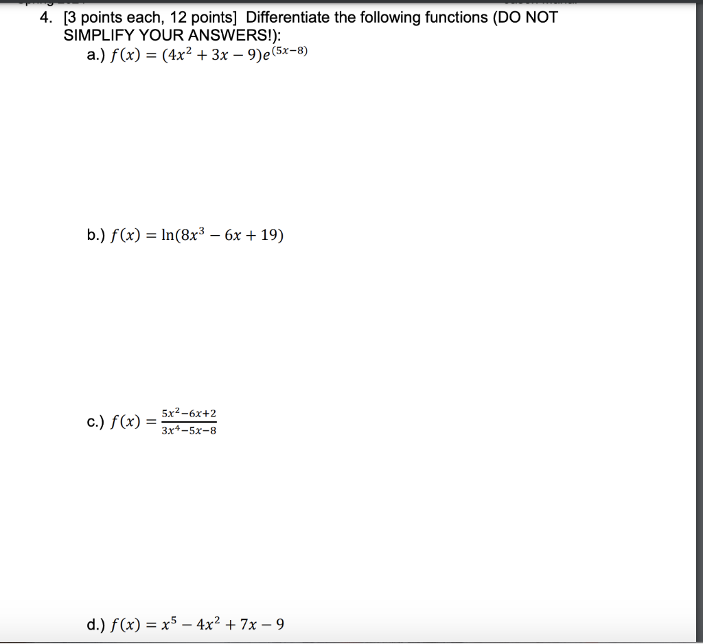 Solved 4. [3 points each, 12 points] Differentiate the | Chegg.com