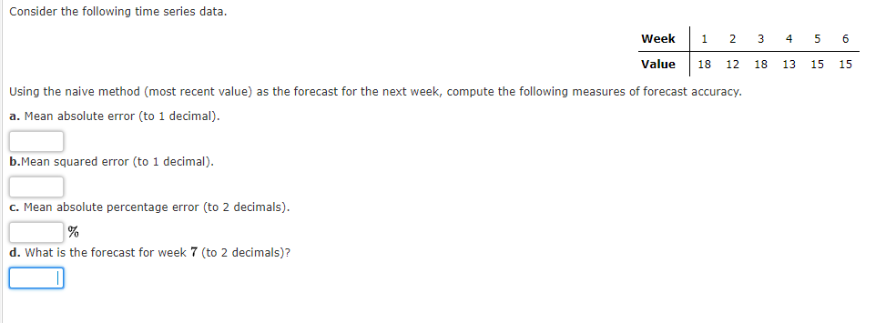 Solved Consider the following time series data. Week Value 1 | Chegg.com