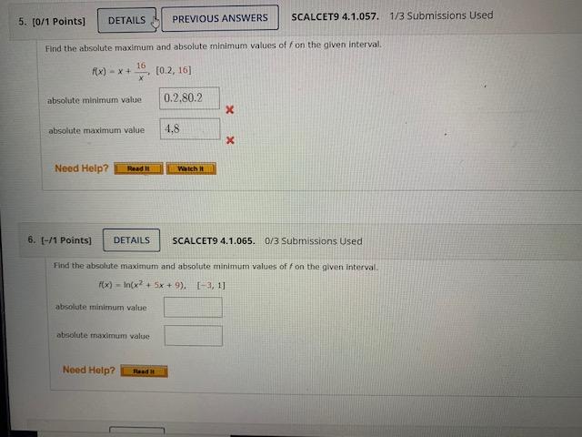 Solved 5. 0/1 Points) DETAILS PREVIOUS ANSWERS SCALCET9 | Chegg.com