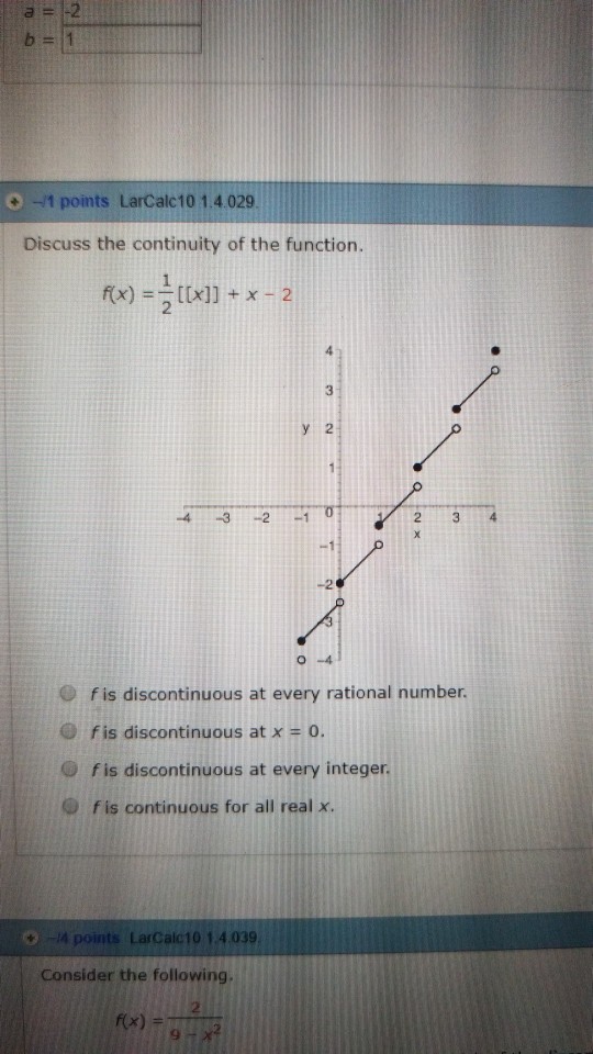 Solved o -/1 points LarCalc10 1.4.029 Discuss the continuity | Chegg.com Solved o -/1 points LarCalc10 1.4.029 Discuss the continuity | Chegg.com