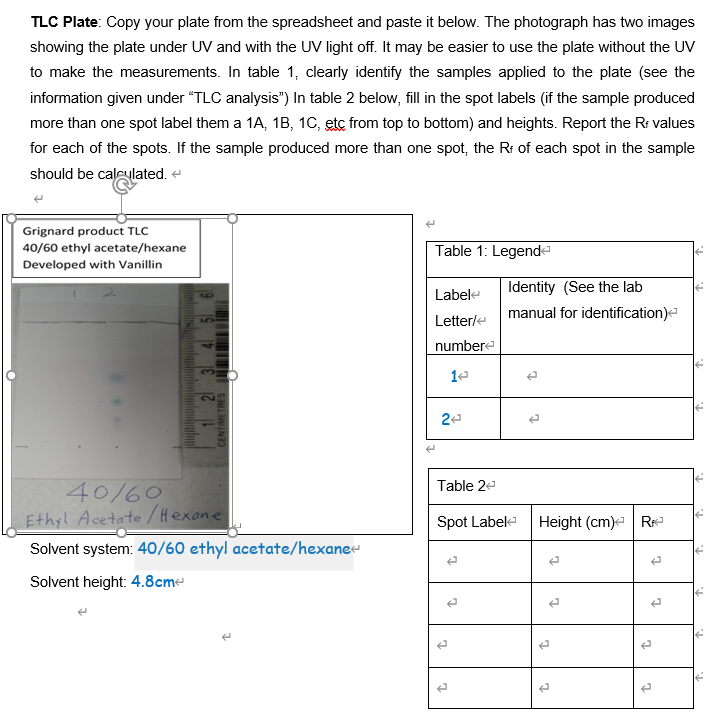 TLC Plate: Copy your plate from the spreadsheet and | Chegg.com