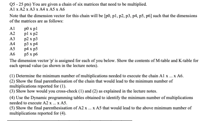 A2 Q5 - 25 pts) You are given a chain of six matrices | Chegg.com