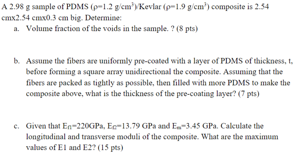 Solved A 2.98 g sample of PDMS (p=1.2 g/cm°)/Kevlar (p=1.9 | Chegg.com