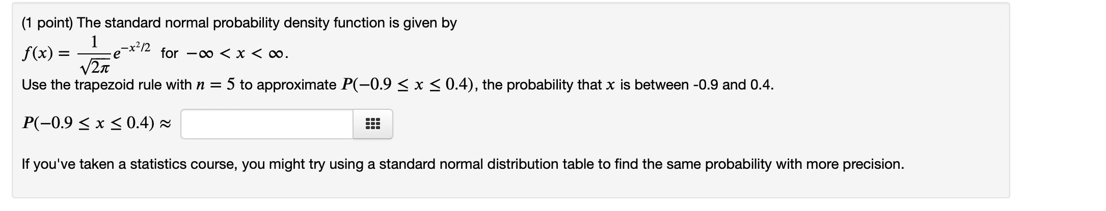 Solved (1 point) The standard normal probability density | Chegg.com