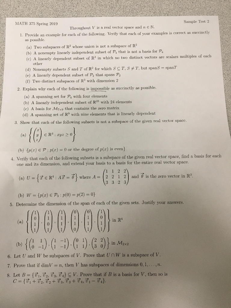 Solved Sample Test 2 MATH 375 Spring 2019 Throughout V is a | Chegg.com