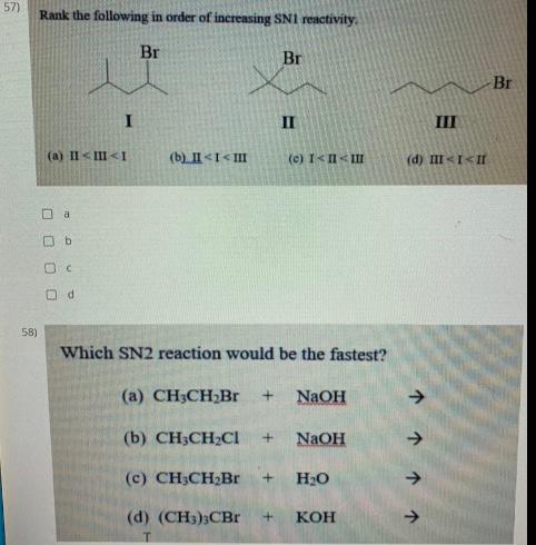 Solved 62) Rank the following in order of increasing SN2 | Chegg.com