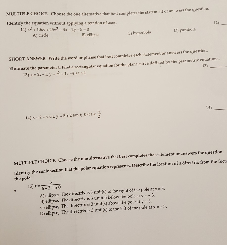 Solved MULTIPLE CHOICE. Ch oose the one alternative that | Chegg.com