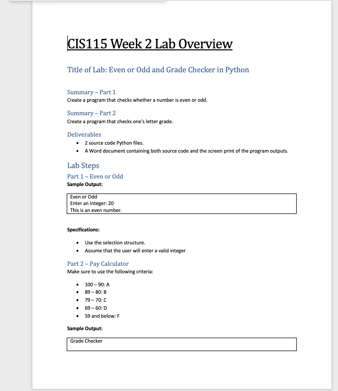 Solved CIS115 Week 2 Lab Overview Title of Lab: Even or Odd | Chegg.com