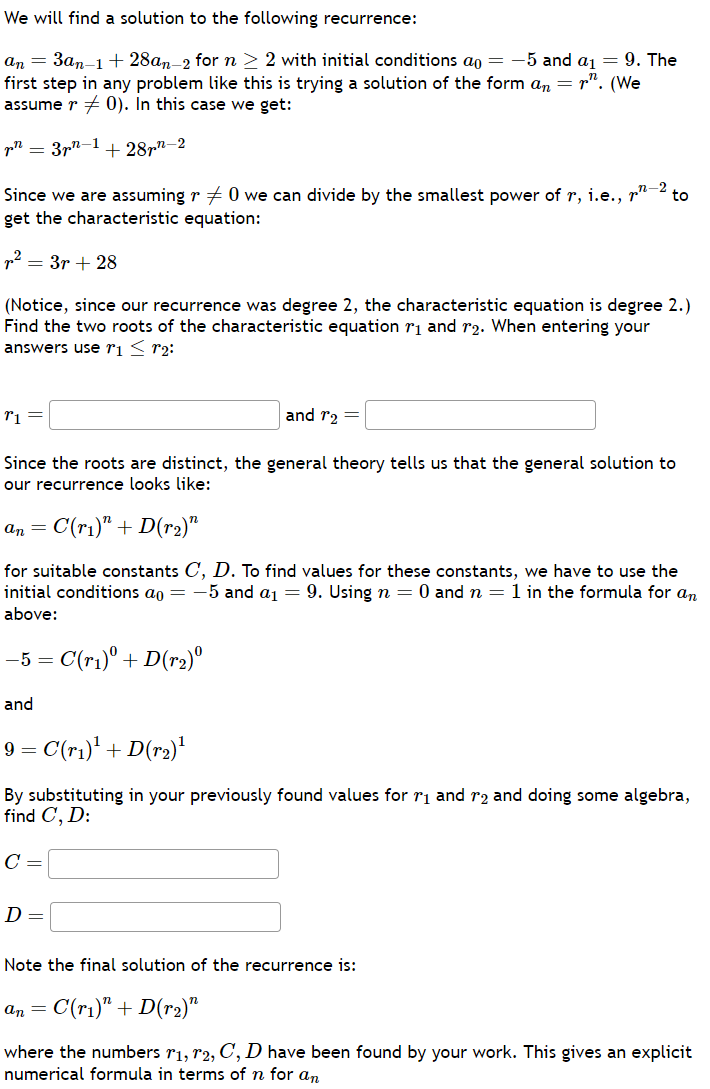 Solved an=3an−1+28an−2 for n≥2 with initial conditions a0=−5 | Chegg.com
