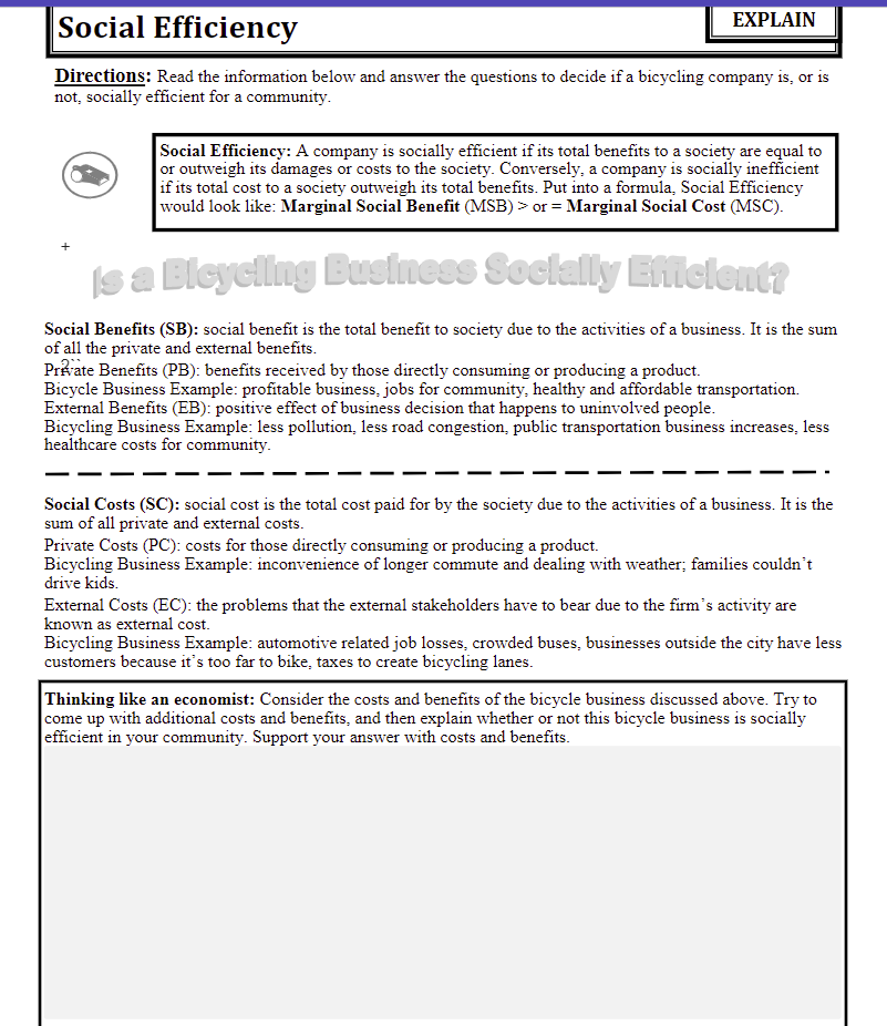 Solved Social Efficiency EXPLAIN Directions: Read the | Chegg.com