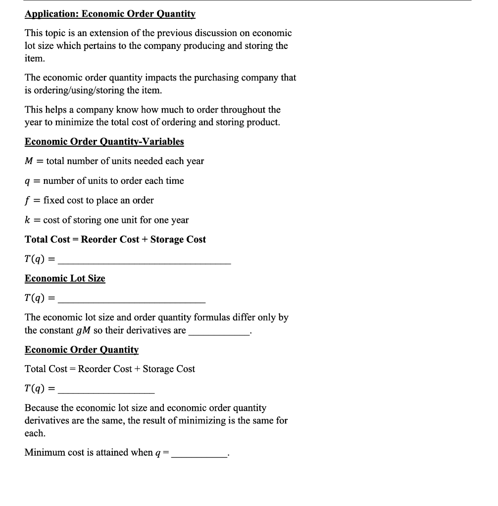 Solved Application: Economic Order Quantity This topic is an | Chegg.com