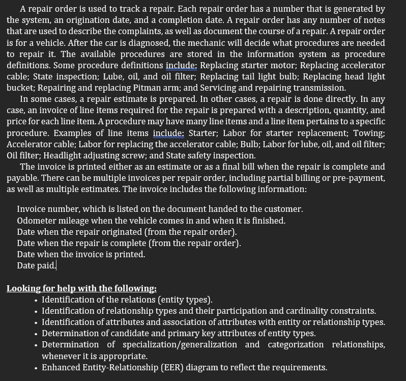 Solved A repair order is used to track a repair. Each repair | Chegg.com