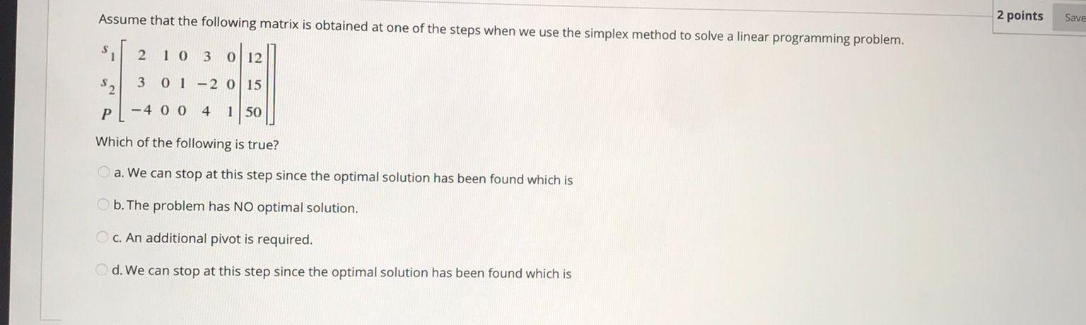 Solved Assume that the following matrix is obtained at one | Chegg.com