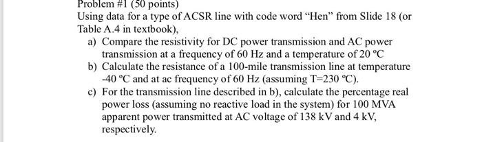 Solved Problem #1 (50 points) Using data for a type of ACSR | Chegg.com Solved Problem #1 (50 points) Using data for a type of ACSR | Chegg.com