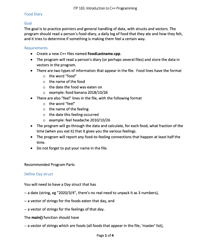 ITP 165: Introduction to C++ Programming Food Diary | Chegg.com