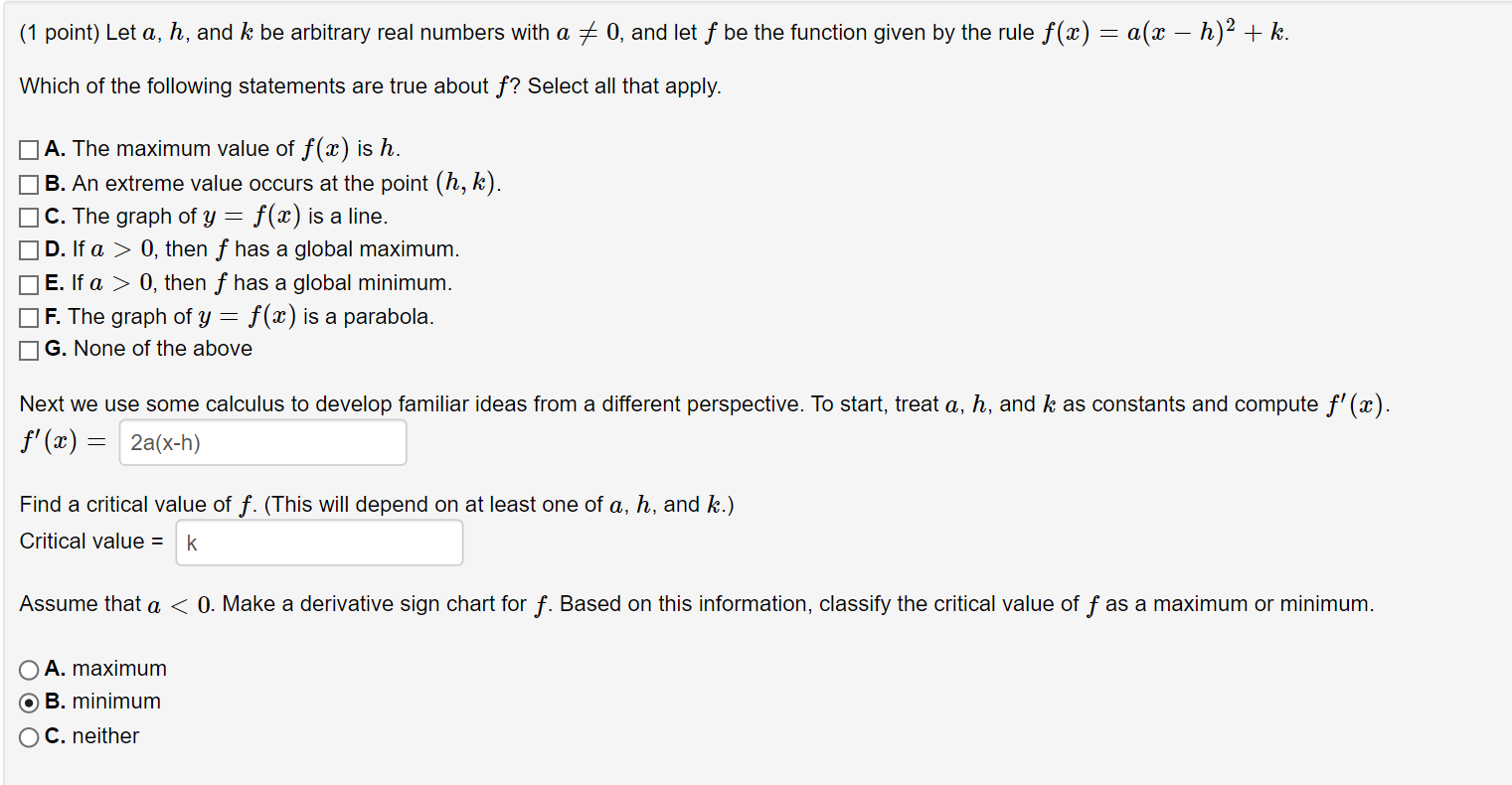 Solved (1 point) Let a,h, and k be arbitrary real numbers | Chegg.com