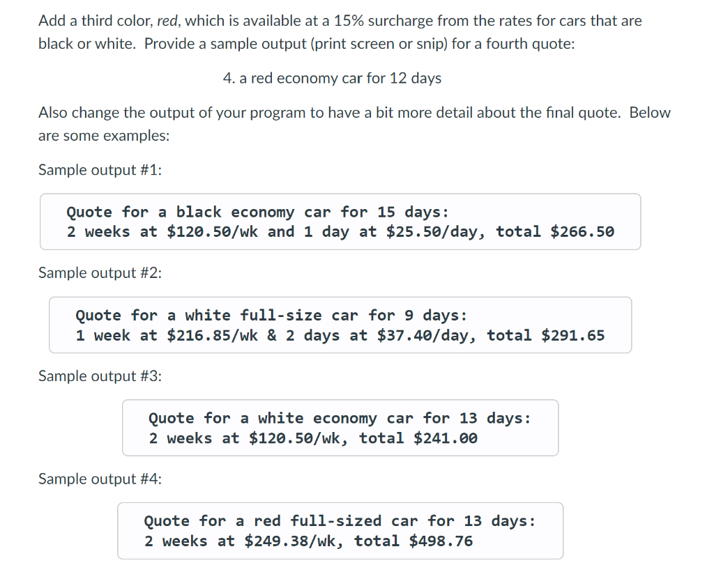 Solved Project Description - Car Rental Quotes Write a | Chegg.com