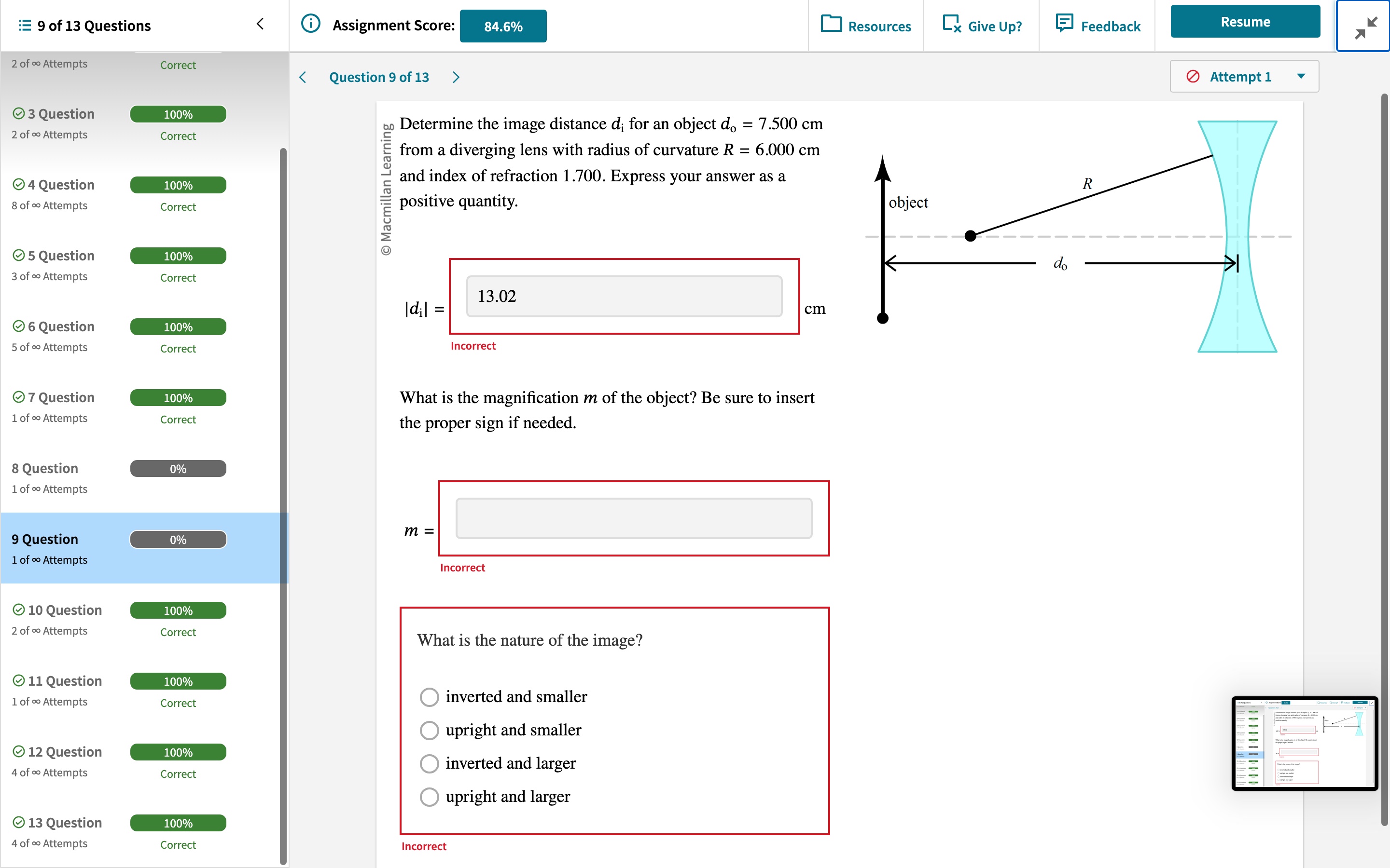 Solved Determine the image distance 𝑑i i for an object | Chegg.com