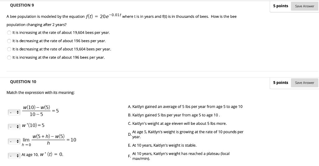 Solved QUESTION 9 5 points Save Answer A bee population is | Chegg.com