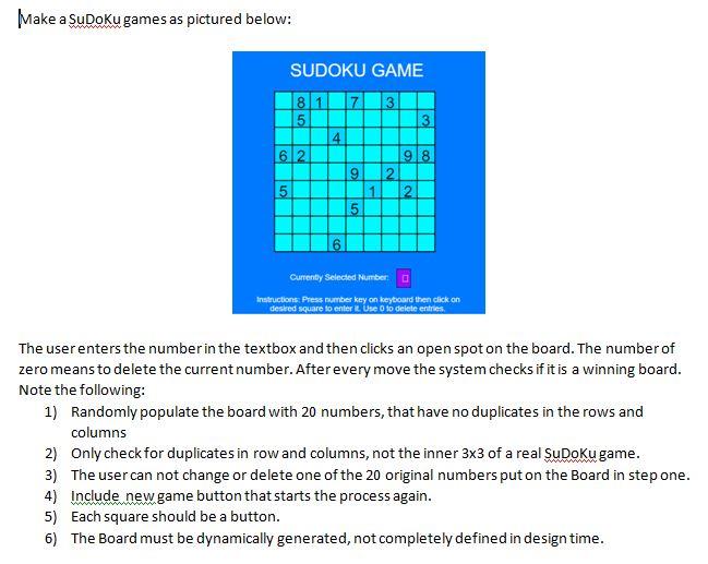 Solved Make a SuDoKu games as pictured below: The user | Chegg.com