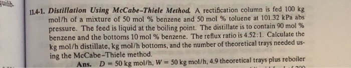 Solved uilib 14-1. Distillation Using McCabe-Thiele Method. | Chegg.com