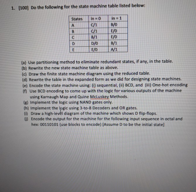 Solved 1. [100] Do the following for the state machine table | Chegg.com